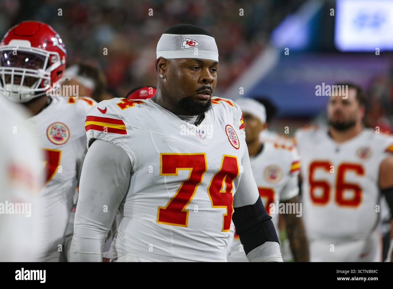Kansas City Chiefs offensive tackle Jawaan Taylor (74) walks the ...