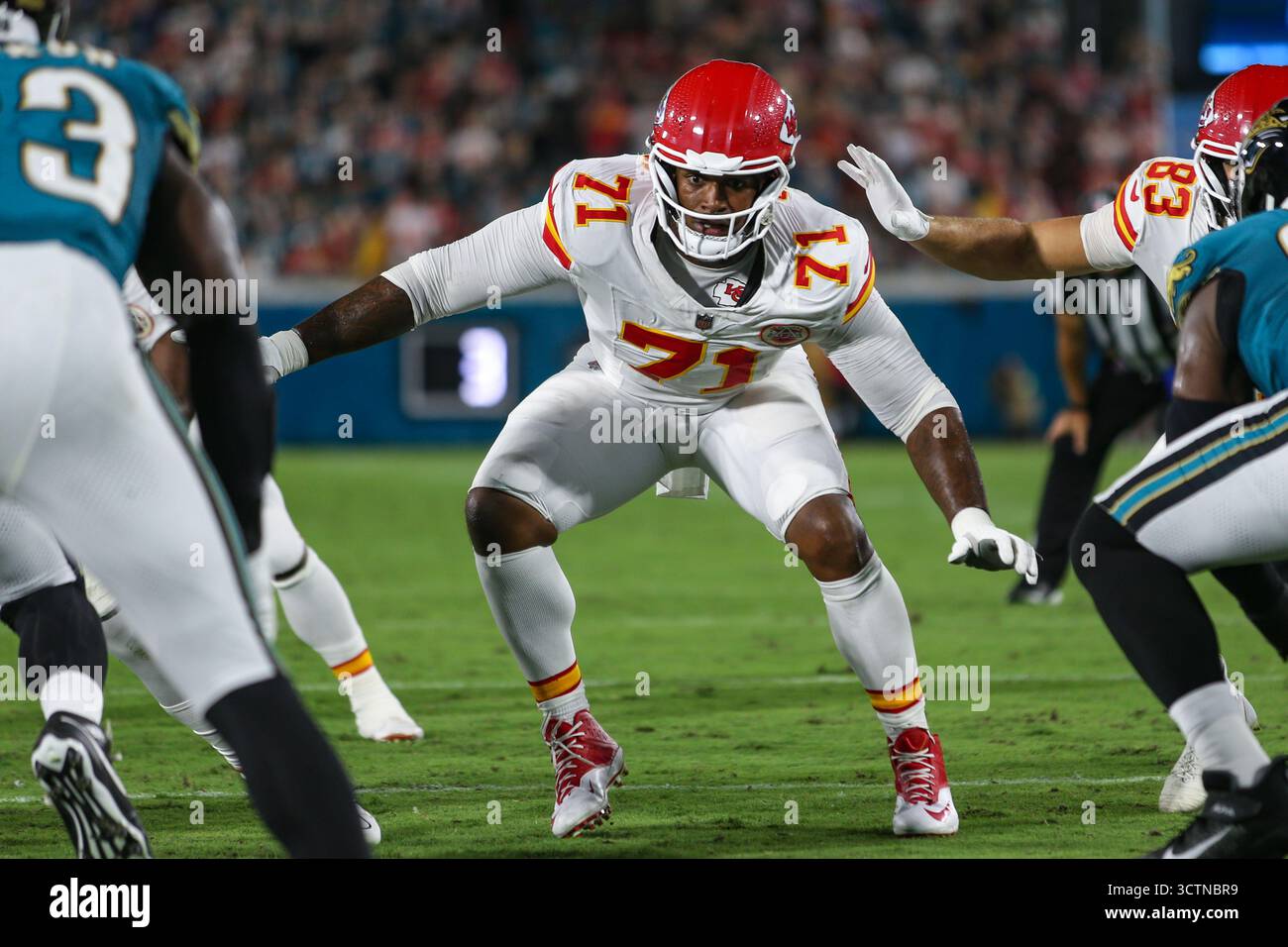 Kansas City Chiefs offensive tackle Josh Simmons (71) reacts at the ...