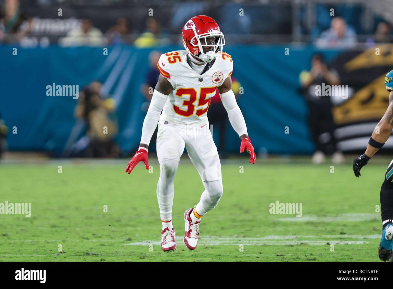 Kansas City Chiefs cornerback Jaylen Watson (35) reacts at the snap ...