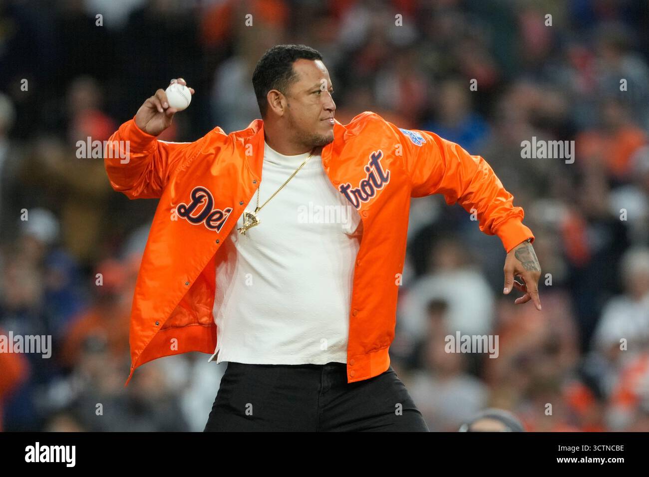 Former Detroit Tigers' Miguel Cabrera throws out a first pitch before ...