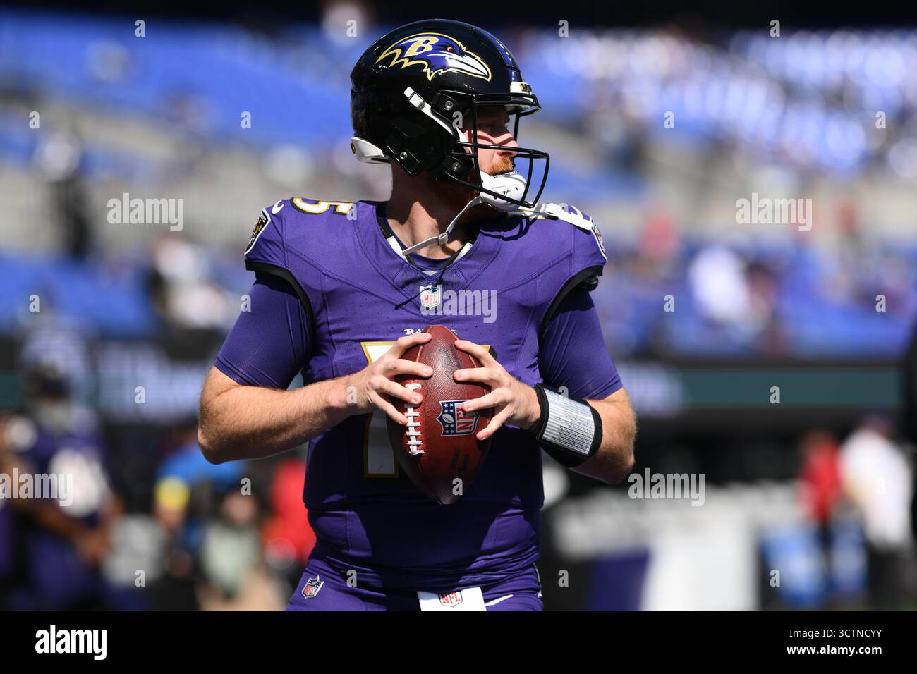 Baltimore Ravens quarterback Cooper Rush (15) warms up before an NFL ...