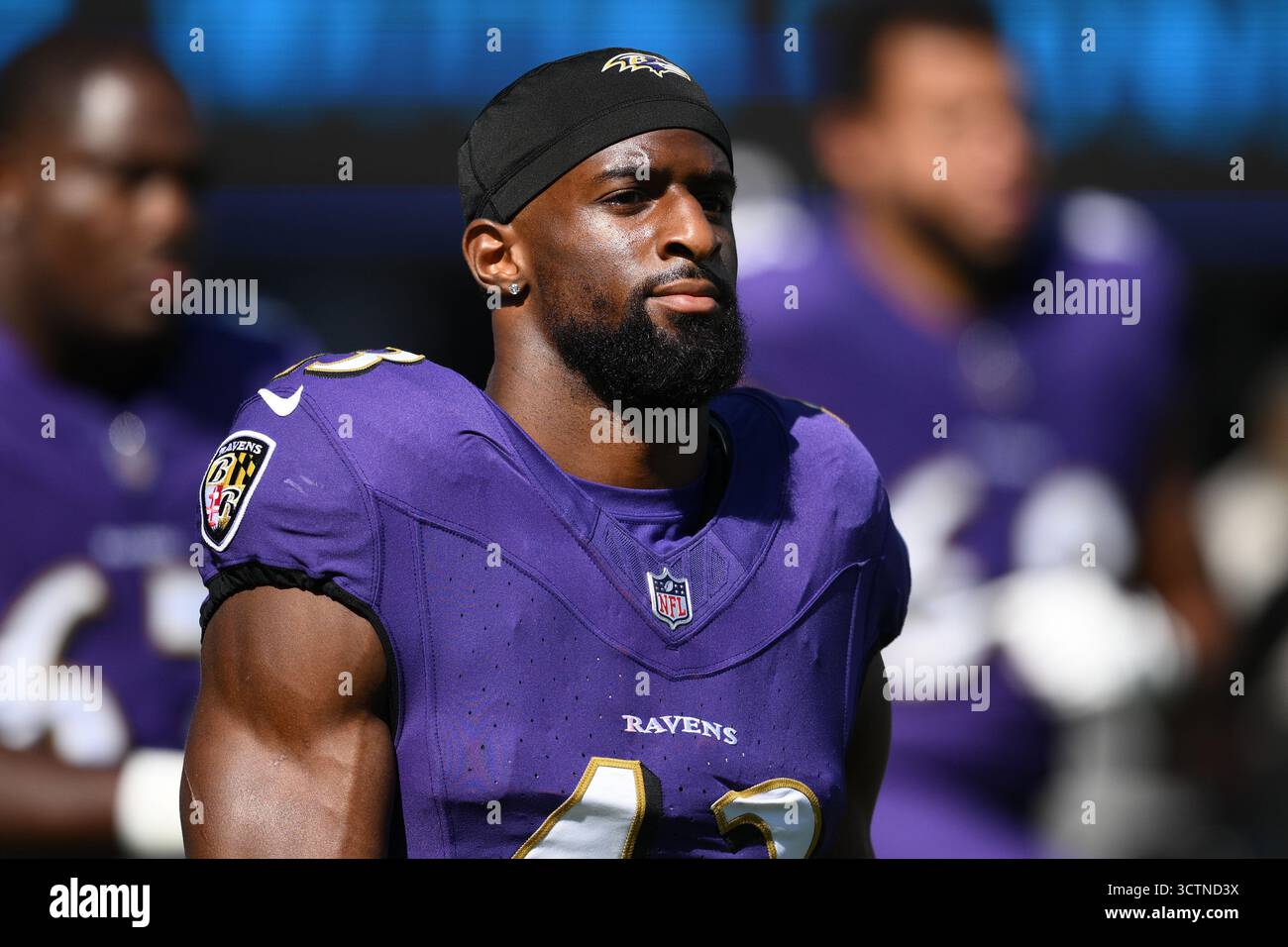 Baltimore Ravens running back Justice Hill (43) warms up before an NFL ...