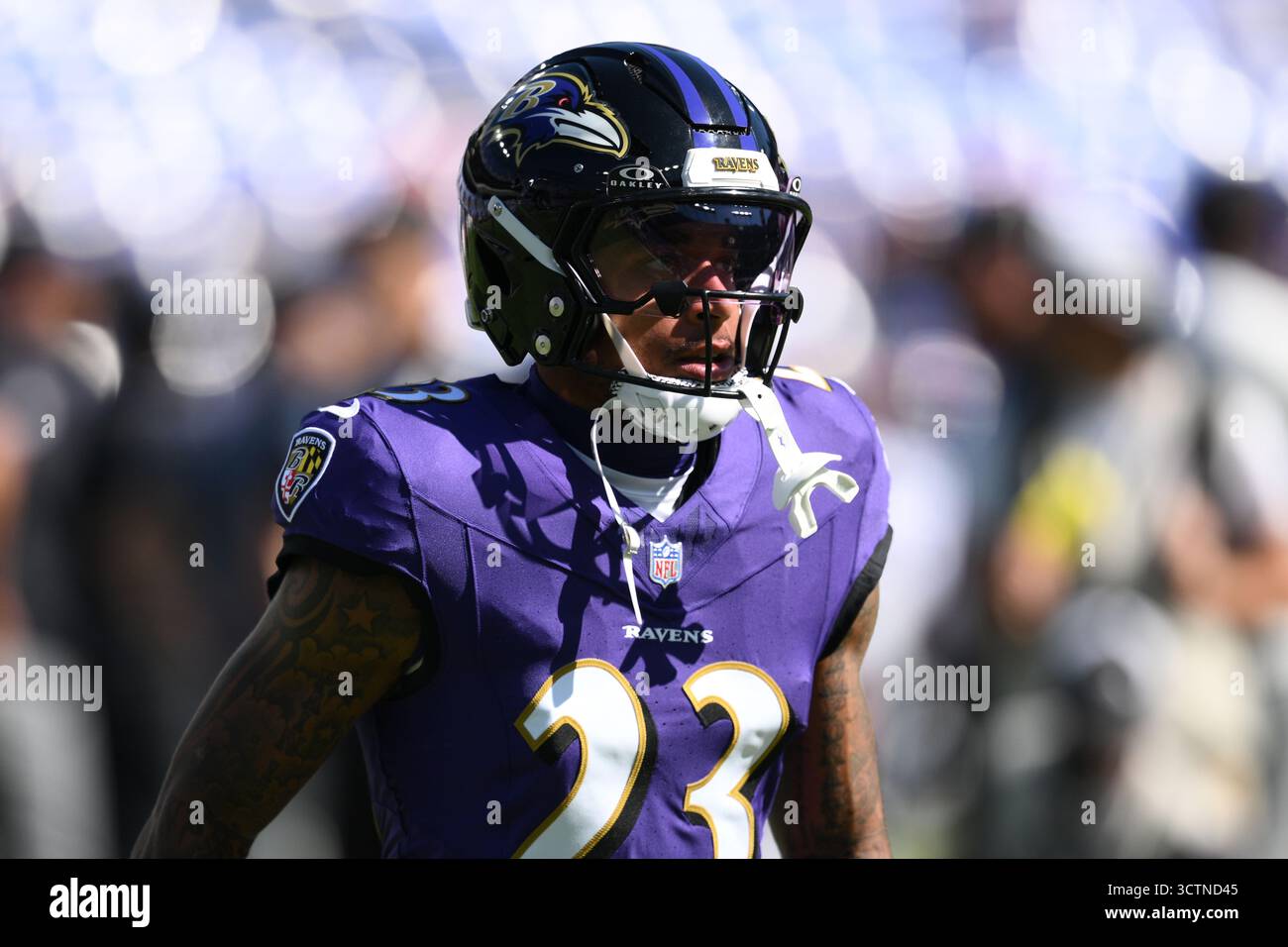Baltimore Ravens cornerback Jaire Alexander (23) warms up before an NFL ...