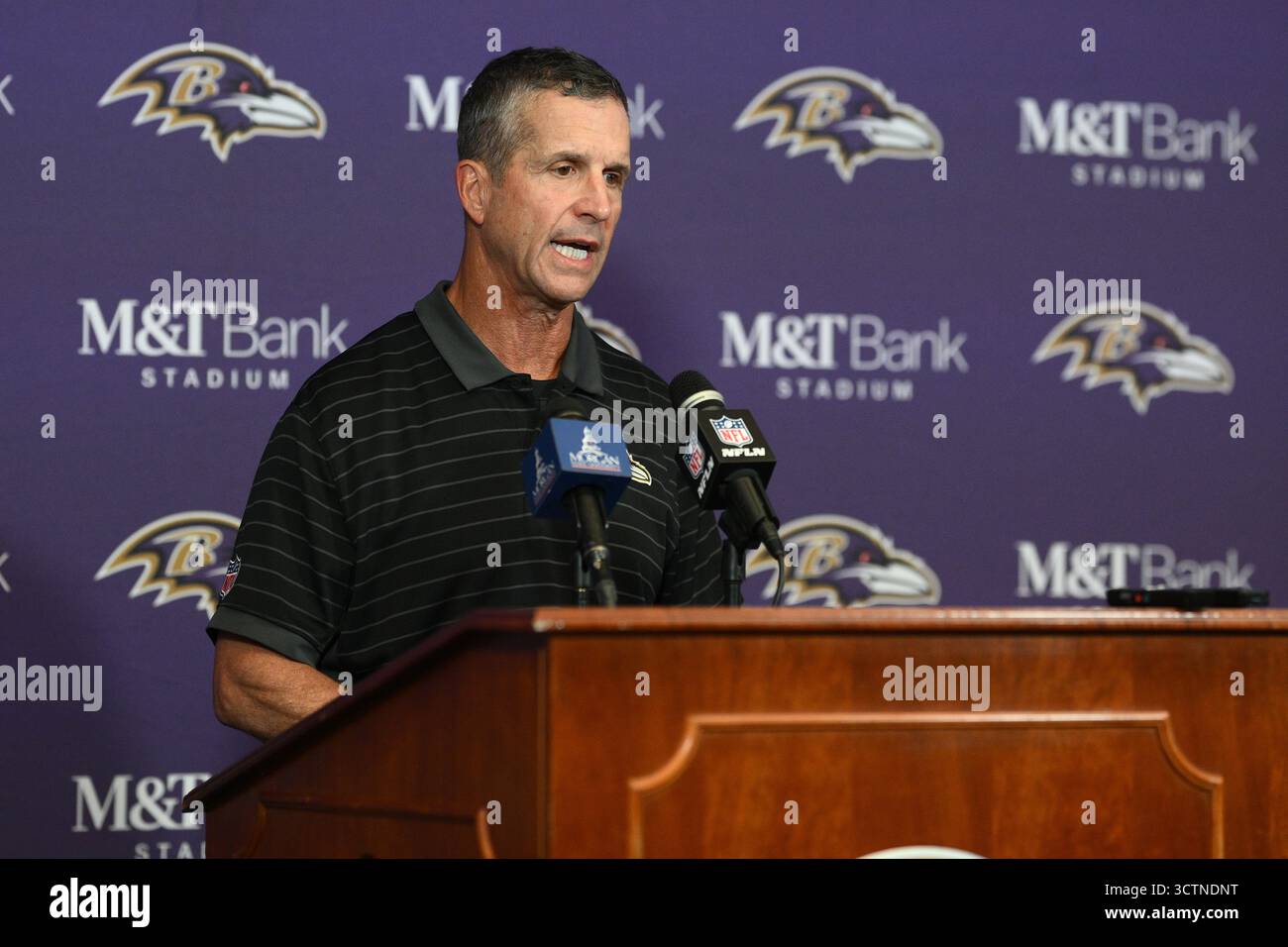Baltimore Ravens head coach John Harbaugh speaks during a press ...
