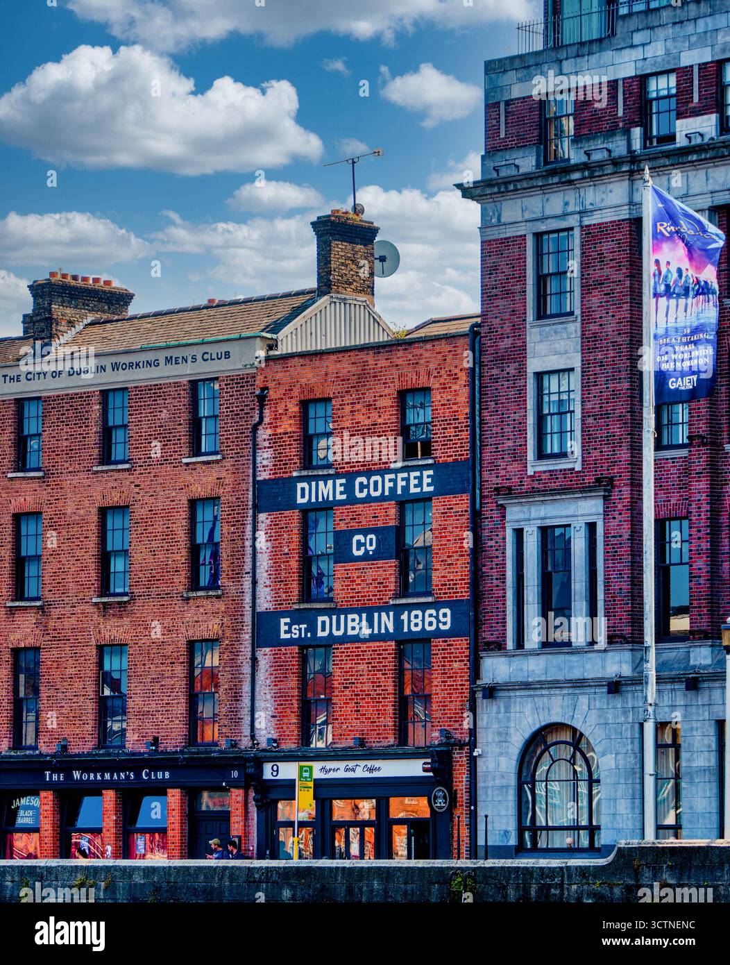 DUBLIN, IRELAND - Aug 16, 2025: Dime Coffee Co. and The Workman’s Club occupy historic red-brick ...