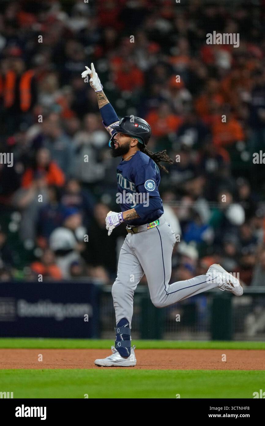 Seattle Mariners' J.P. Crawford celebrates after hitting a solo home ...
