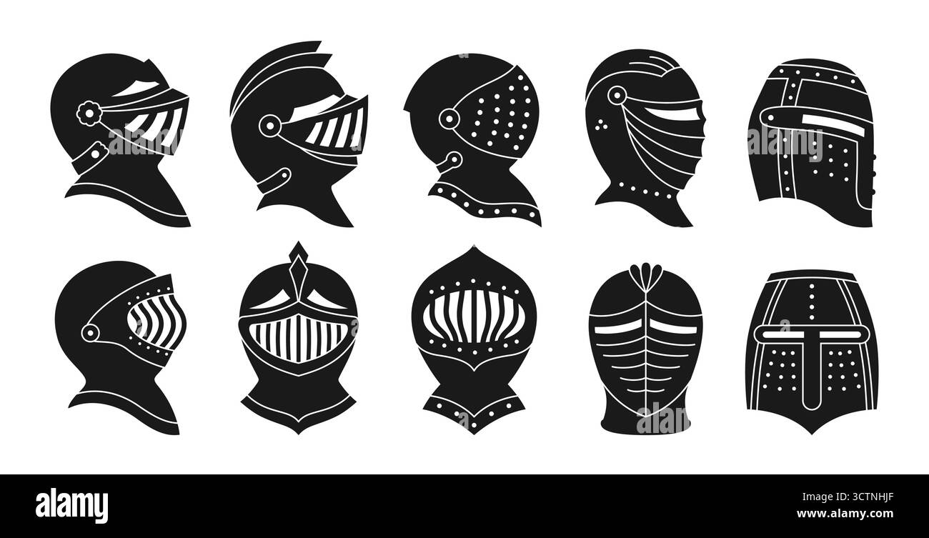 Medieval helmets signs vector set. Heraldic icon collection. Ancient ...