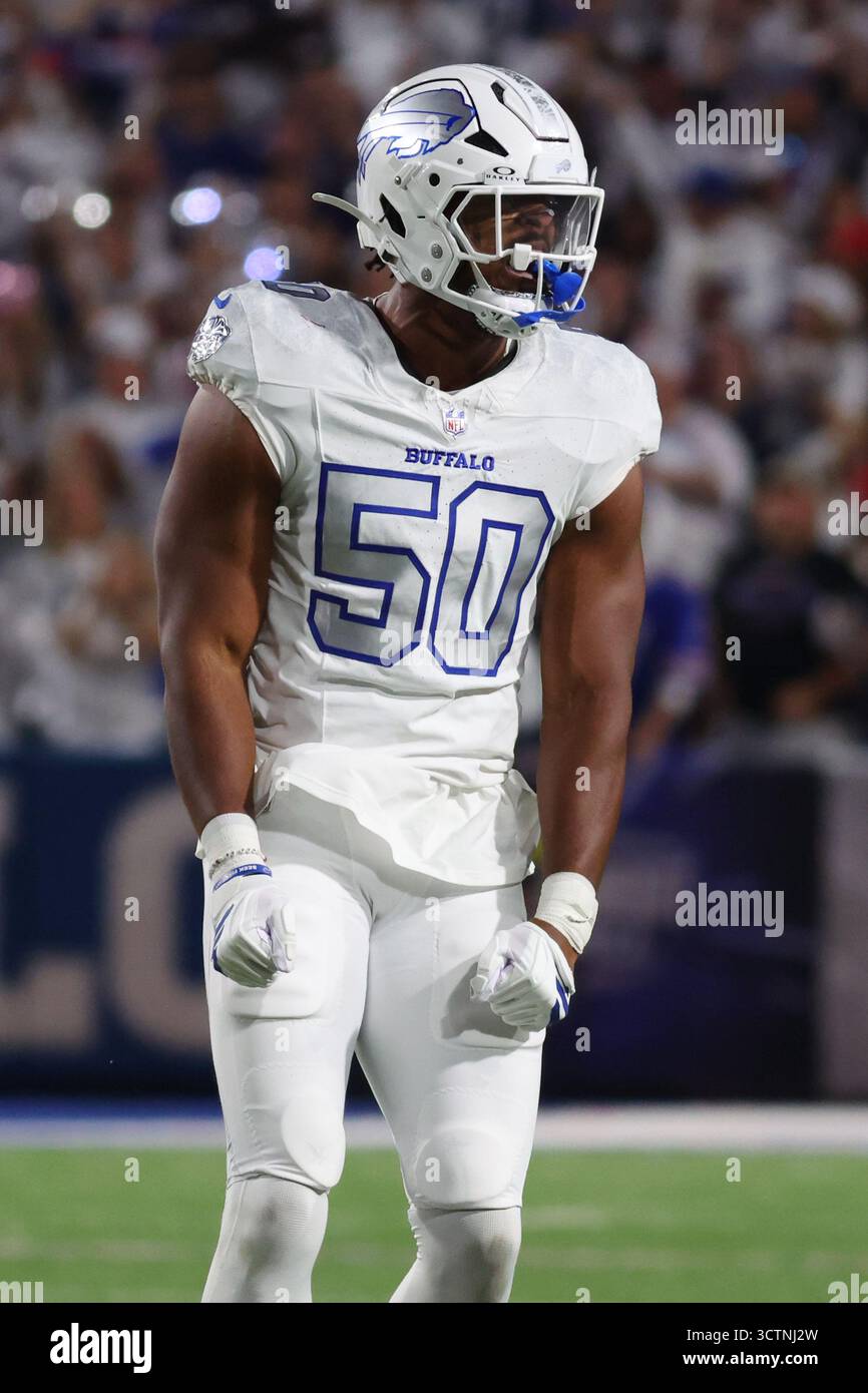 Buffalo Bills defensive end Greg Rousseau (50) celebrates during the ...