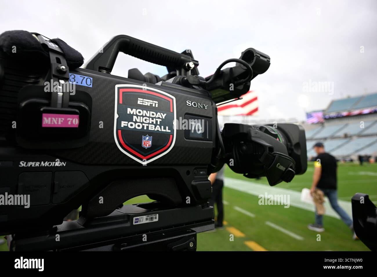 An ESPN Monday Night Football logo is viewed on a broadcast camera ...
