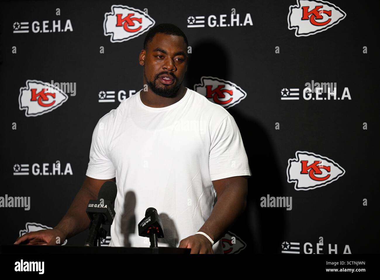 Kansas City Chiefs defensive end Chris Jones talks with reporters after an NFL football game ...