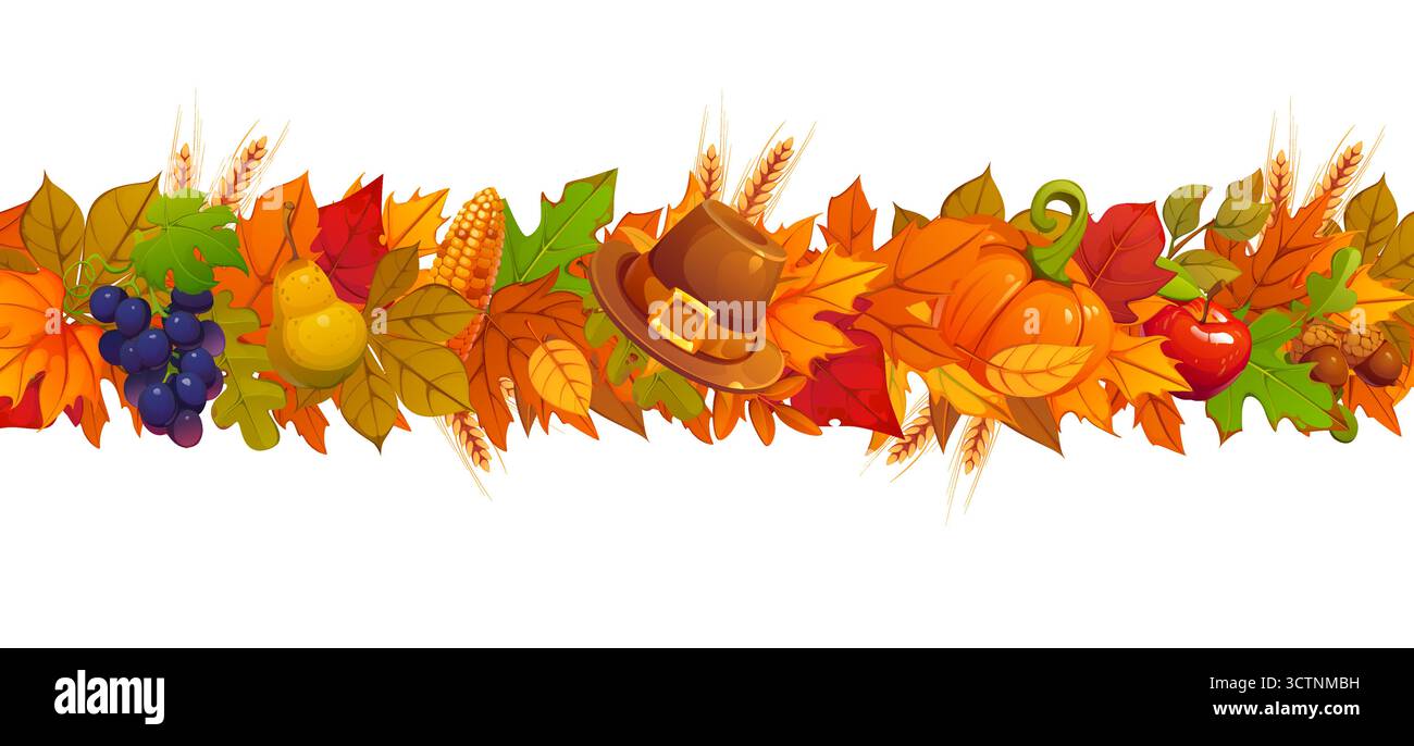 Thanksgiving Day border with pumpkin, apple or pear and grapes vine ...
