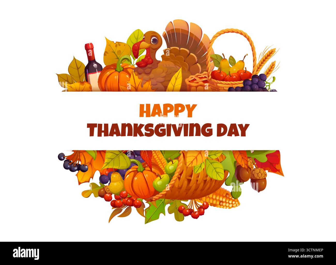 Happy Thanksgiving Day banner framed by vector turkey, pumpkins, basket ...