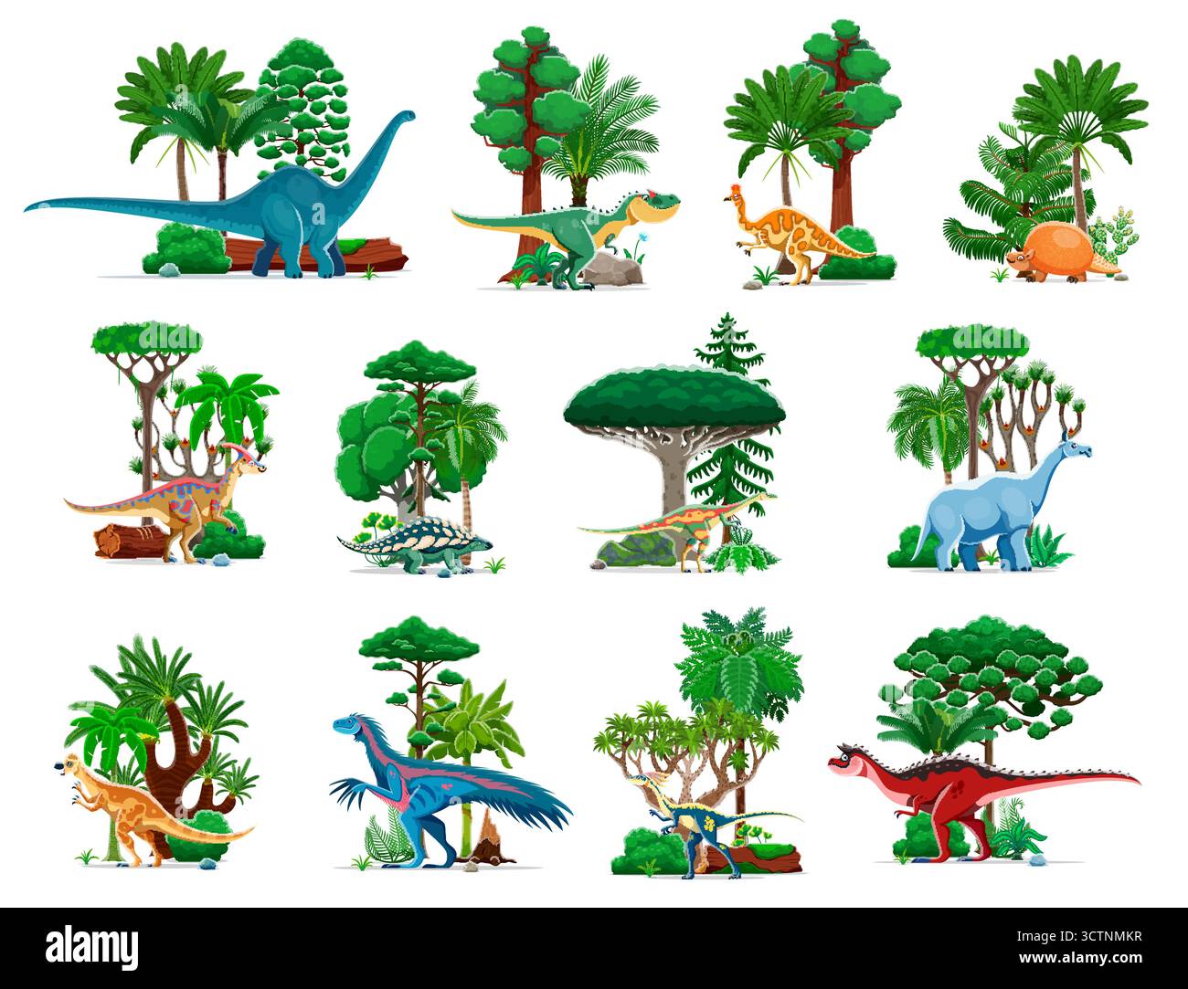 Prehistoric dinosaur characters in a vibrant, lush forest environment ...