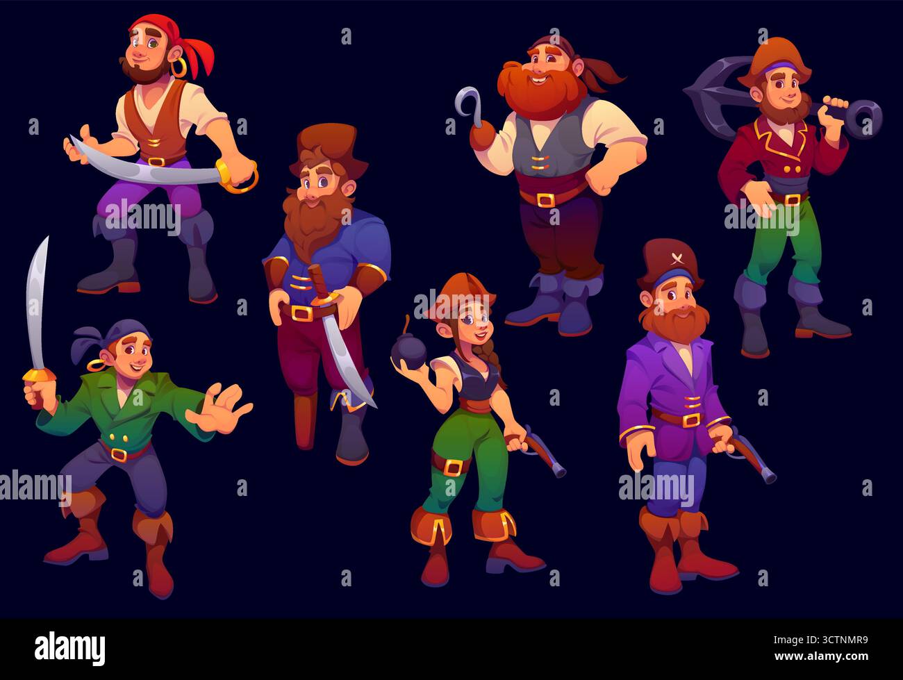Cartoon medieval pirate man and corsair woman characters with hook ...