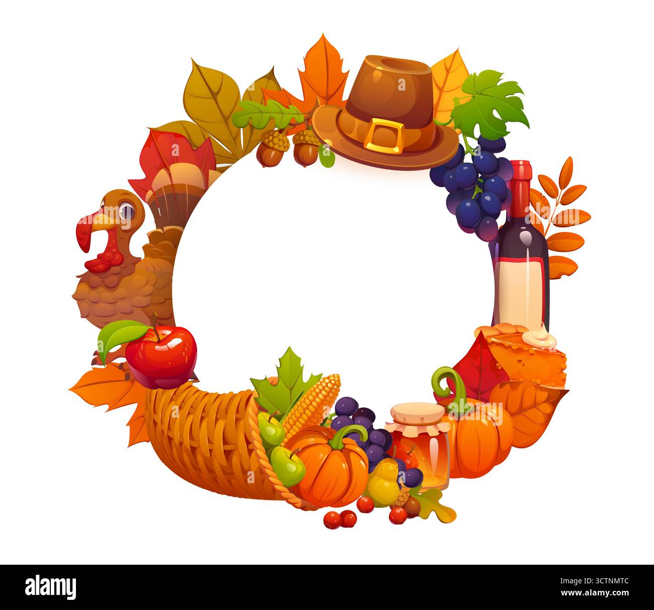Thanksgiving banner, round frame with autumn leaves, cornucopia and ...