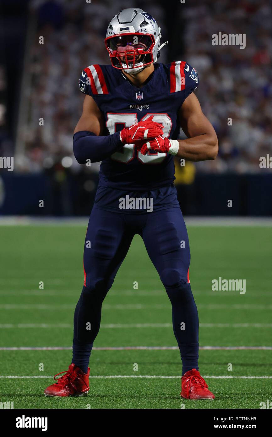New England Patriots linebacker Christian Elliss (53) readies in ...