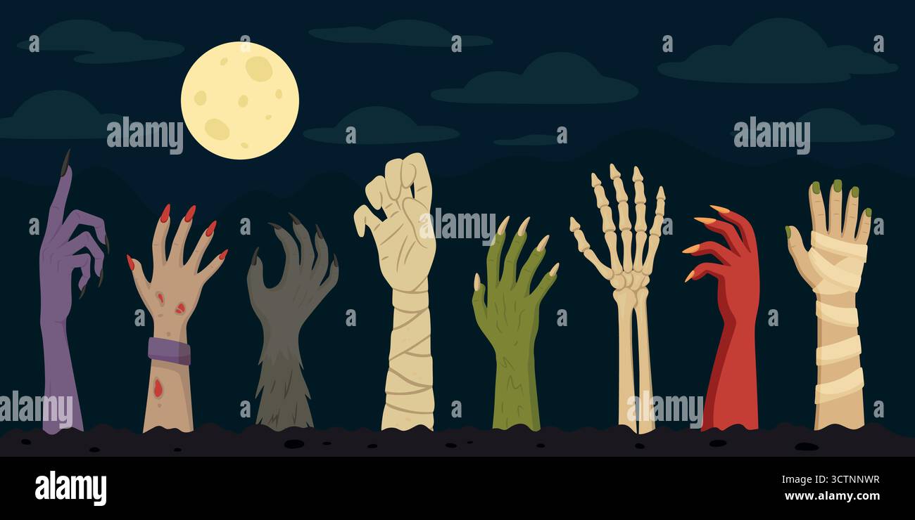 Halloween Zombie Hands Under Moon, Vector Illustration. Cartoon Horror ...