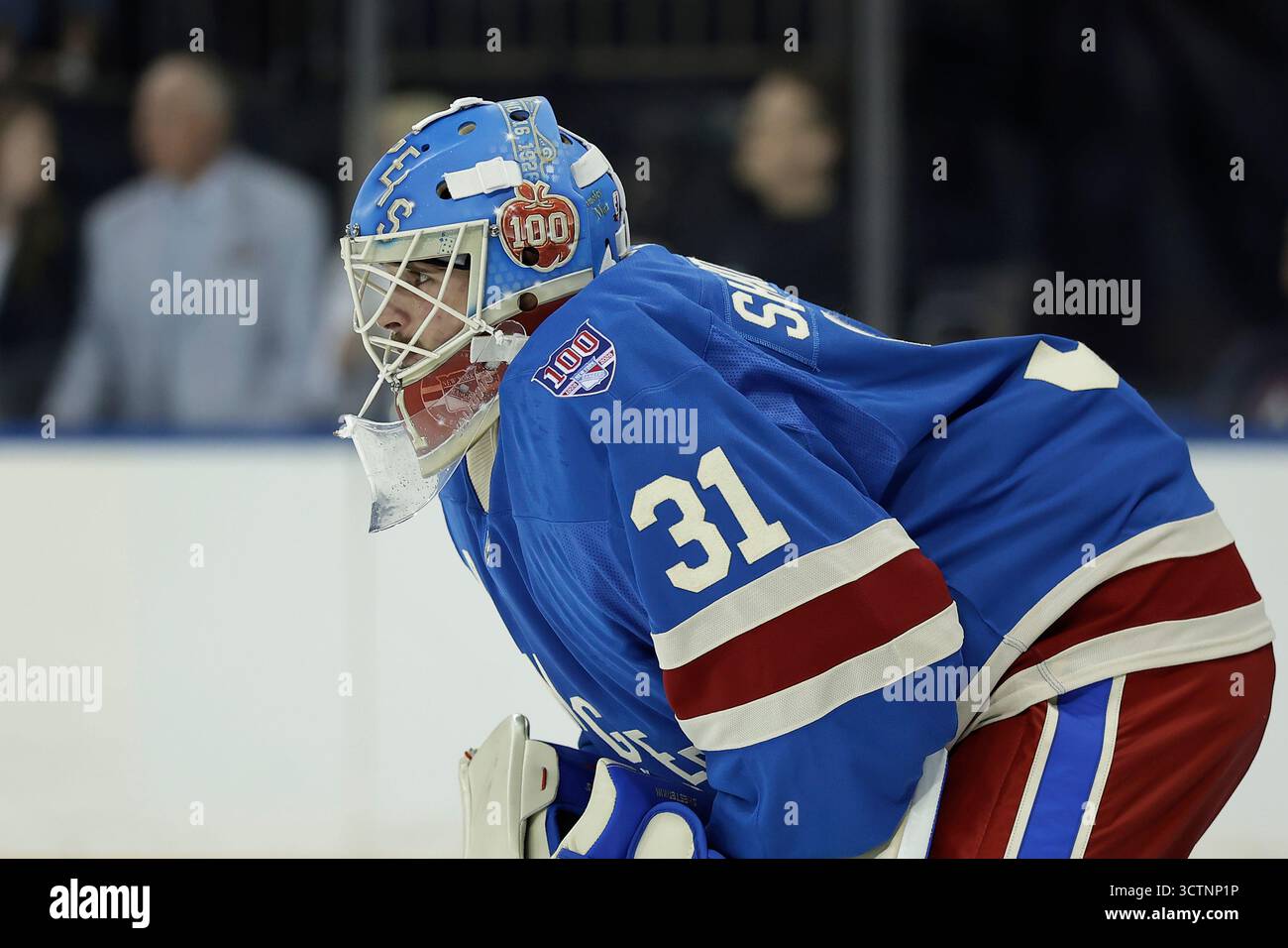 New York Rangers goaltender Igor Shesterkin (31) looks on in the first ...