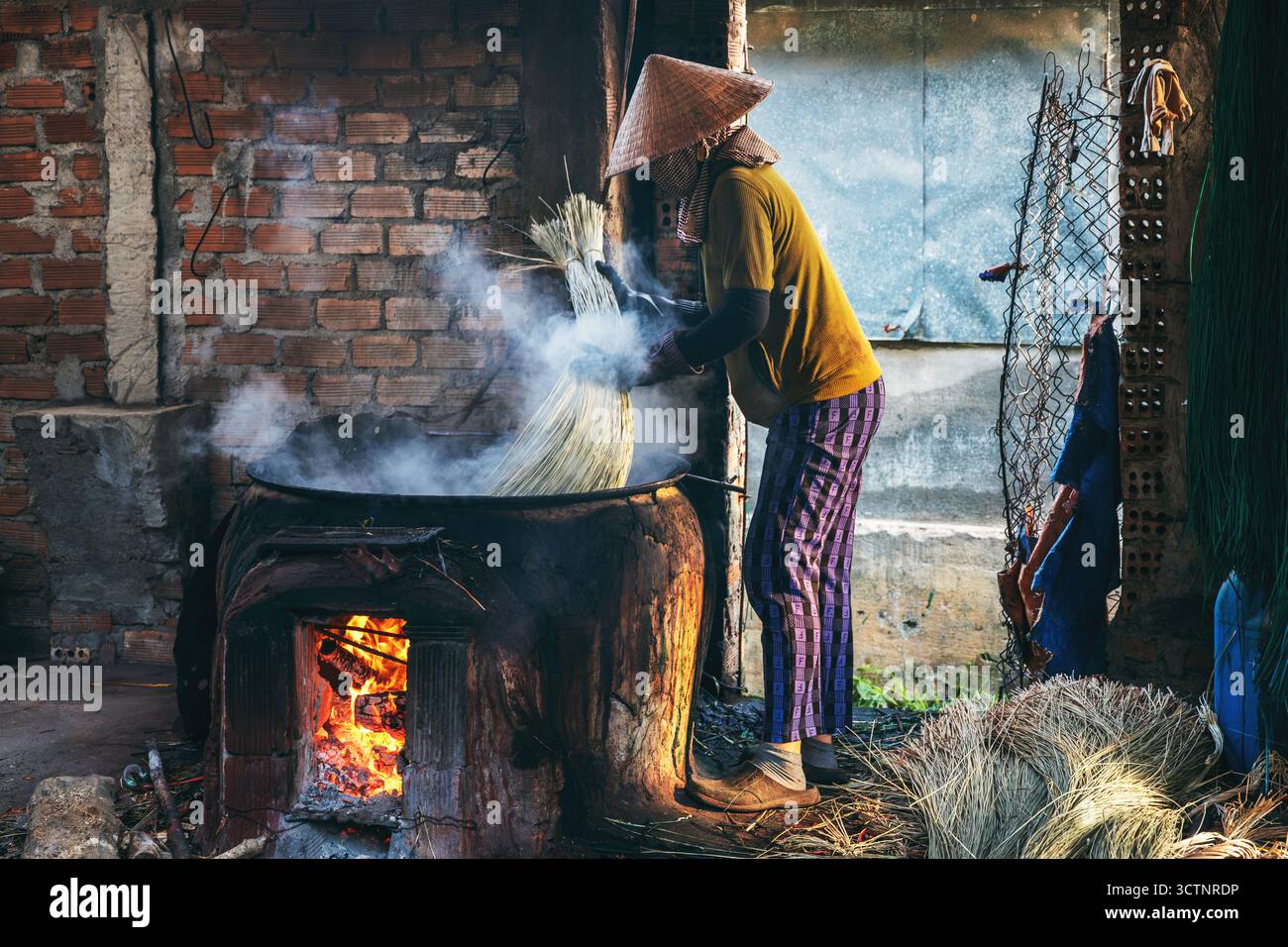 Vietnamese woman in straw hat works in reed dyeing workshop for the ...