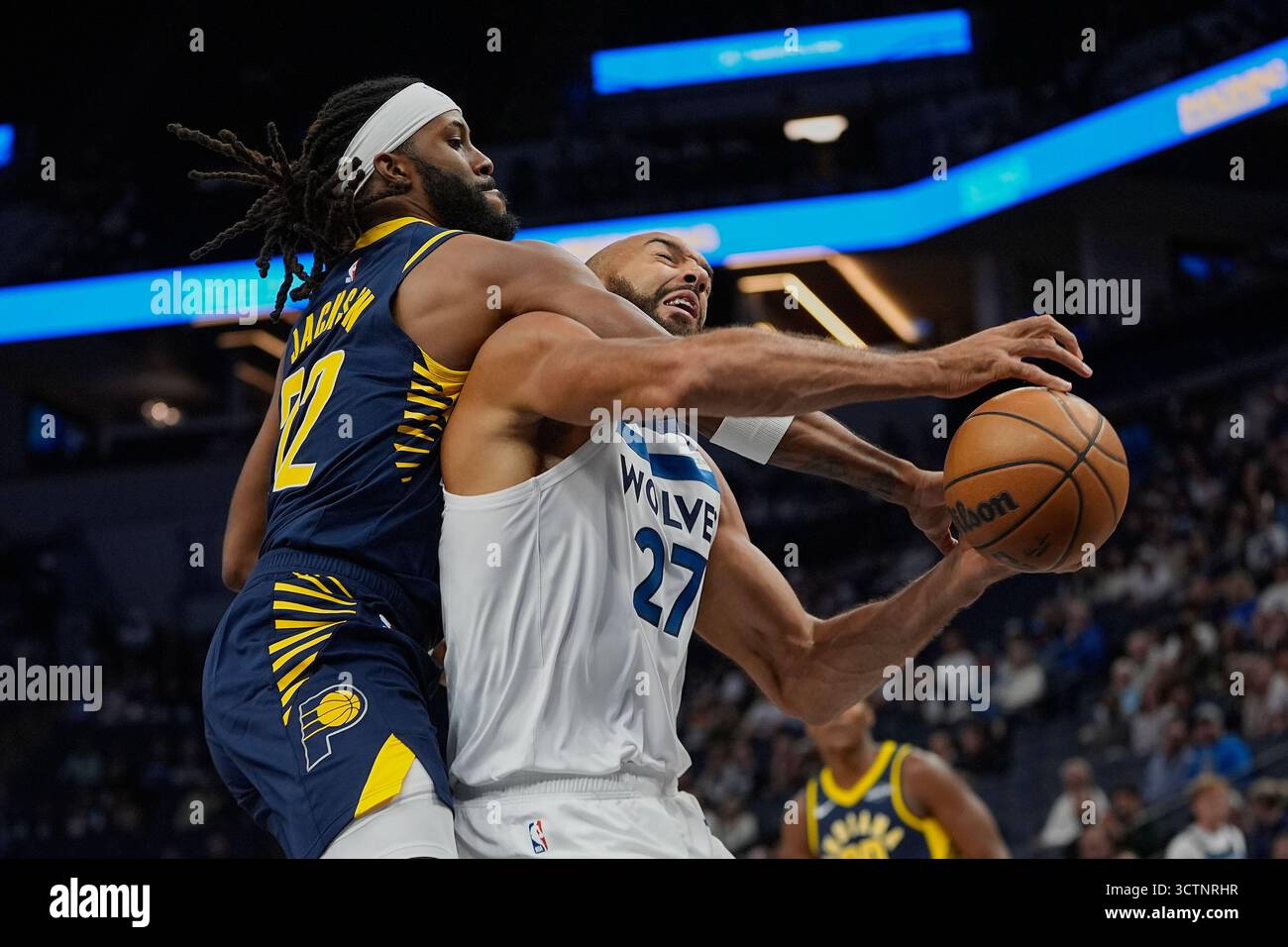 Minnesota Timberwolves center Rudy Gobert (27) is fouled by Indiana ...