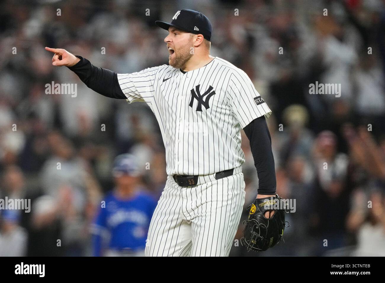 New York Yankees pitcher David Bednar reacts after the Yankees defeated ...