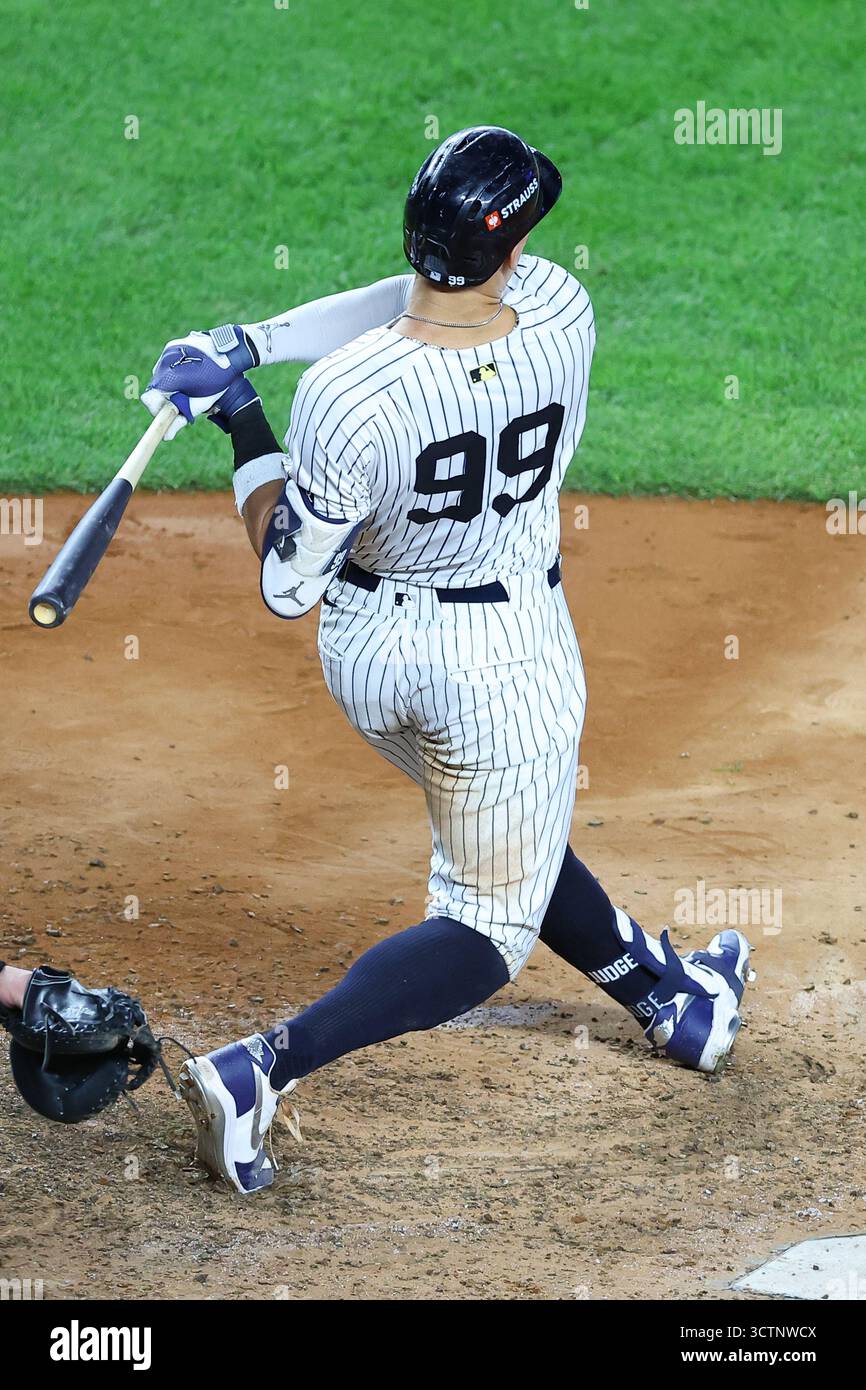 BRONX, NY - OCTOBER 07: Aaron Judge #99 of the New York Yankees watches ...