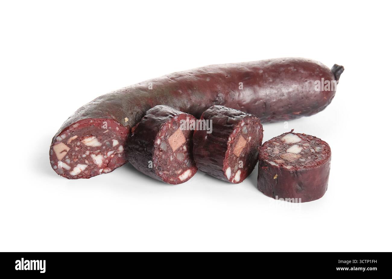Delicious blood sausage isolated on white background Stock Photo - Alamy