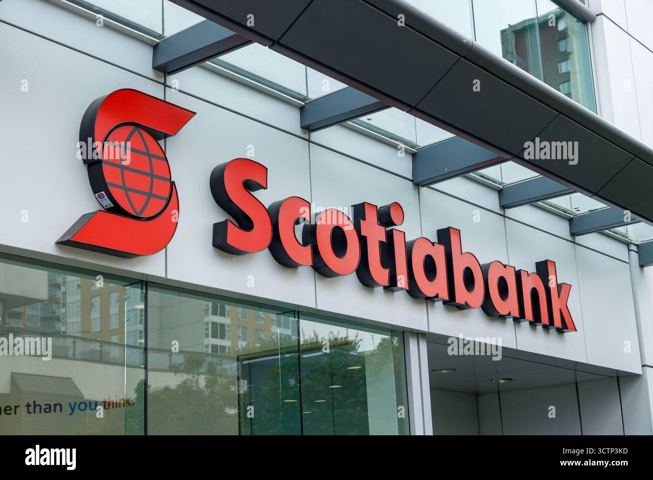 Vancouver, Canada - Sep 25,2025: Bold red Scotiabank logo on sleek ...