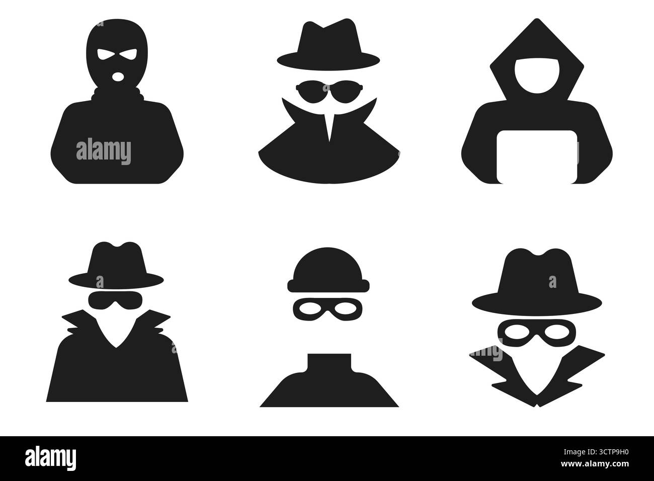 Incognito anonymous bandit set character silhouette icon, hacker or ...