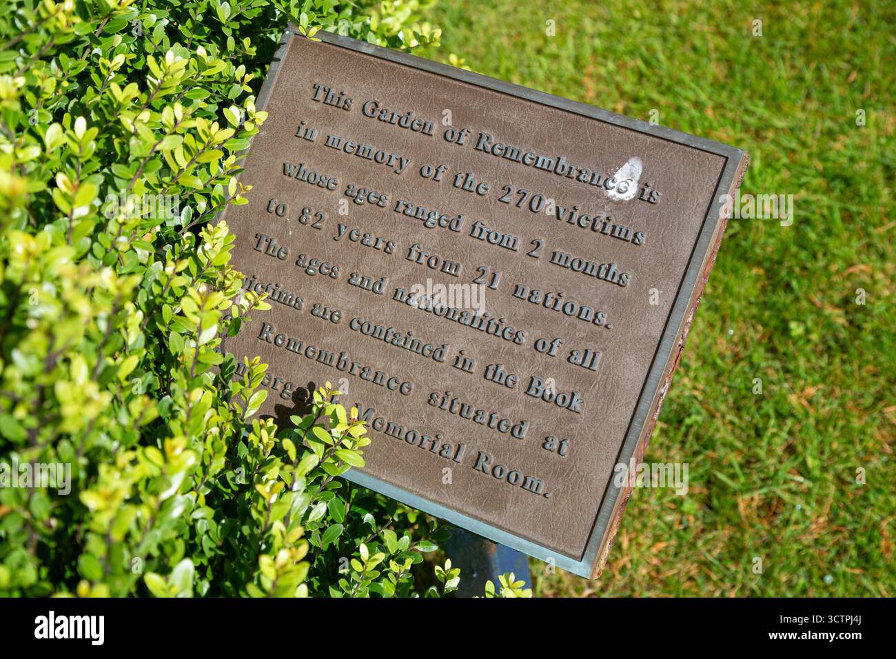 A plaque in the Lockerbie Memorial Garden for the victims of flight Pan ...