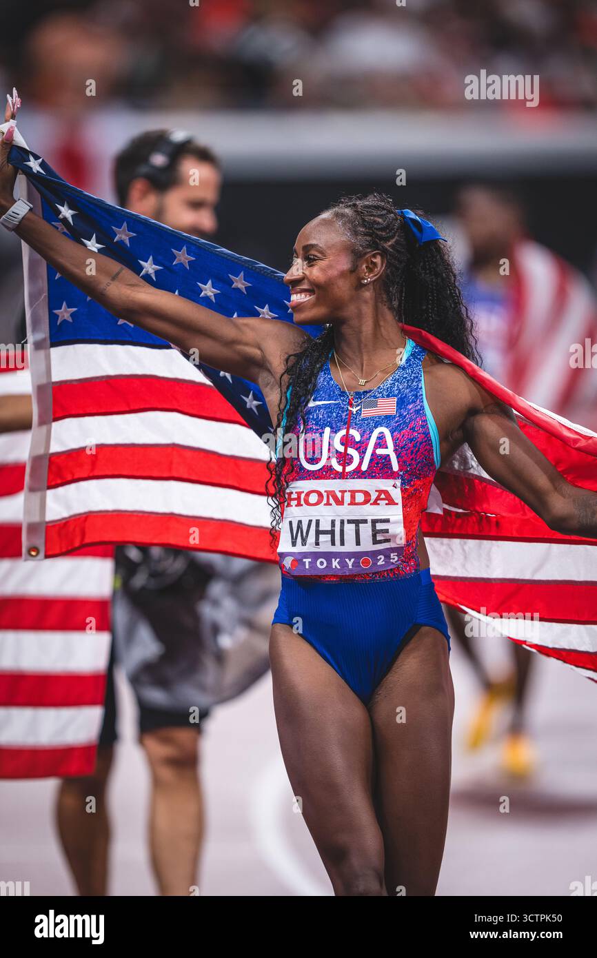 Kayla White celebrating her victory with her country's flag at the 2025 ...