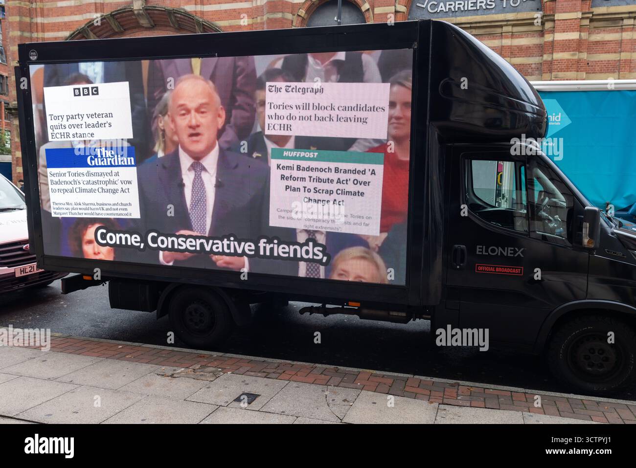 Manchester , UK. 08 OCT, 2025. Lib Dem Ad van drives around, appealing ...