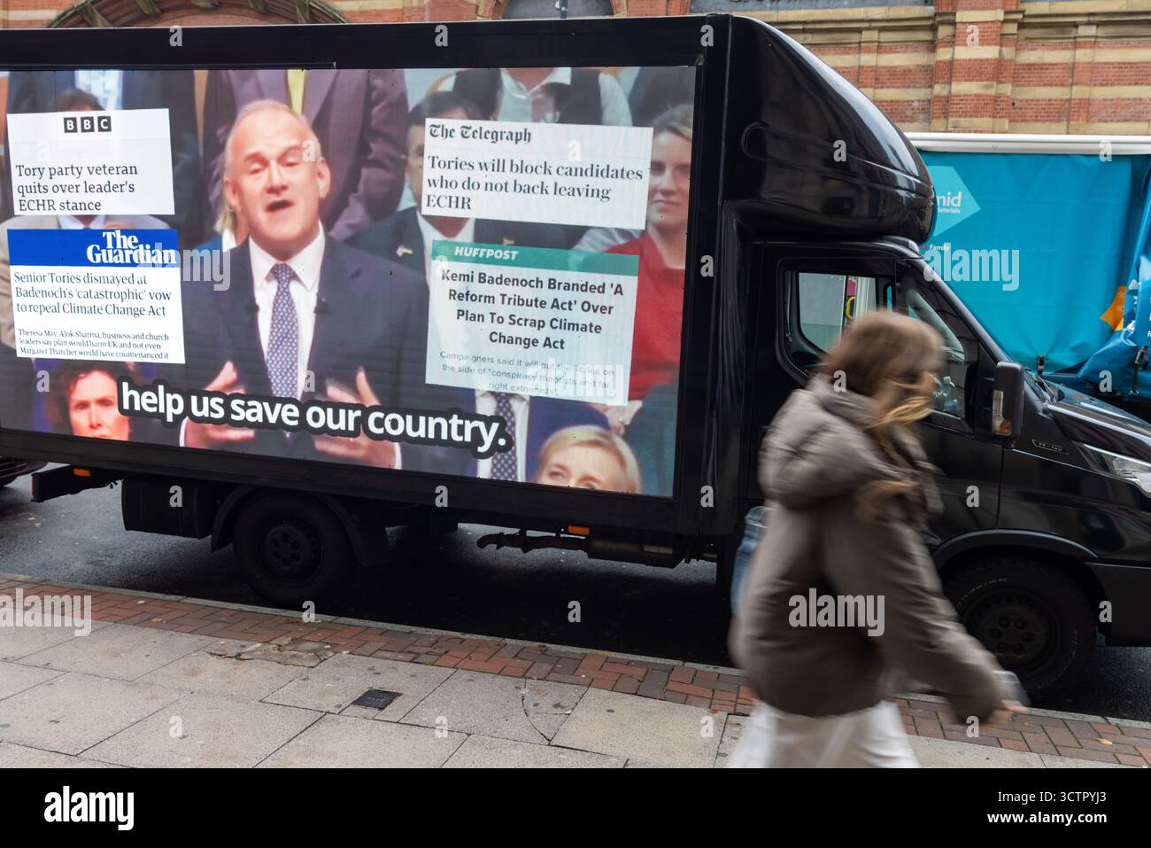 Manchester , UK. 08 OCT, 2025. Lib Dem Ad van drives around, appealing ...