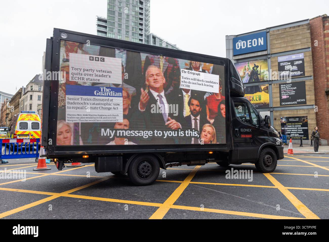 Manchester , UK. 08 OCT, 2025. Lib Dem Ad van drives around, appealing ...