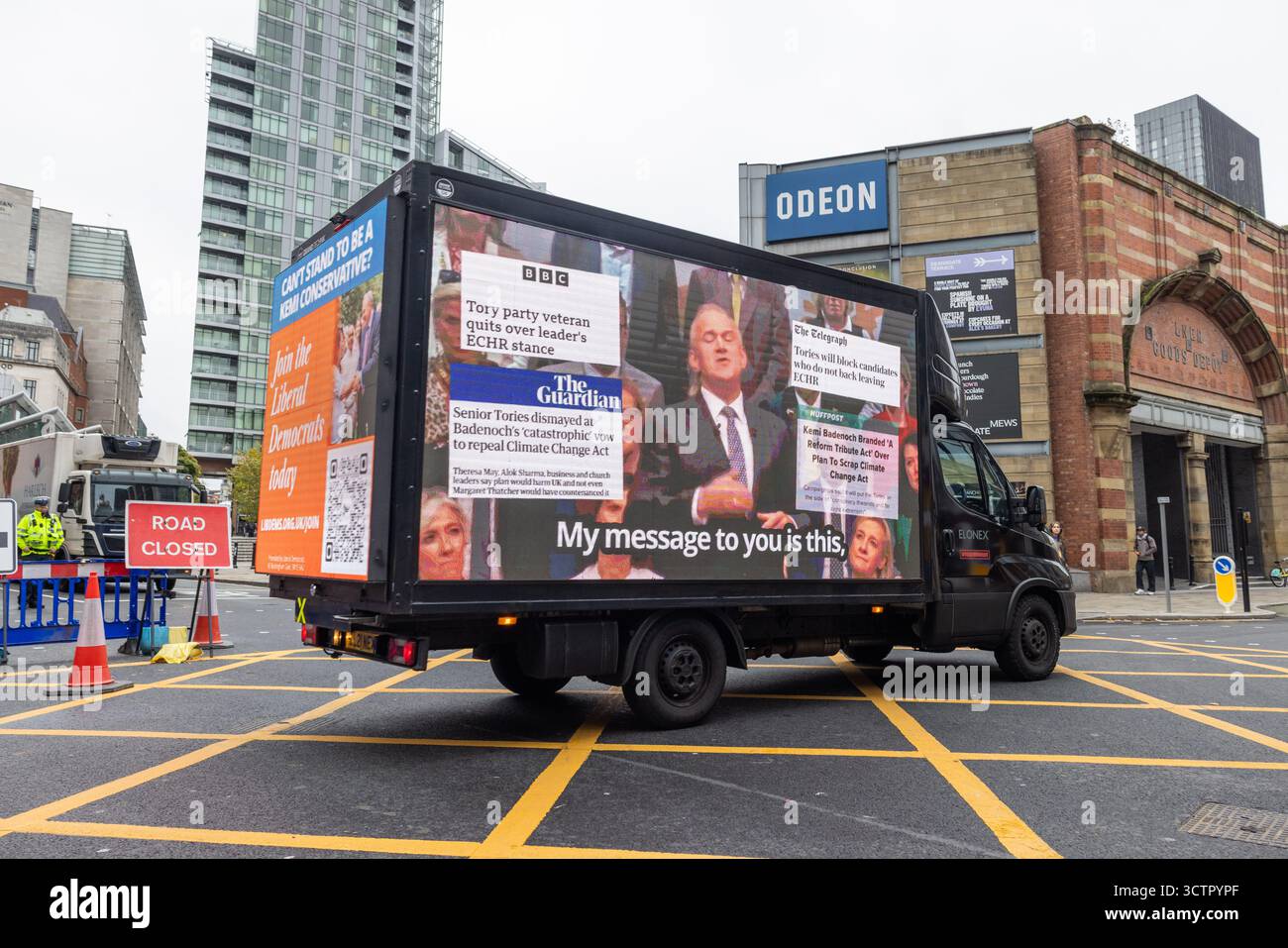 Manchester , UK. 08 OCT, 2025. Lib Dem Ad van drives around, appealing ...