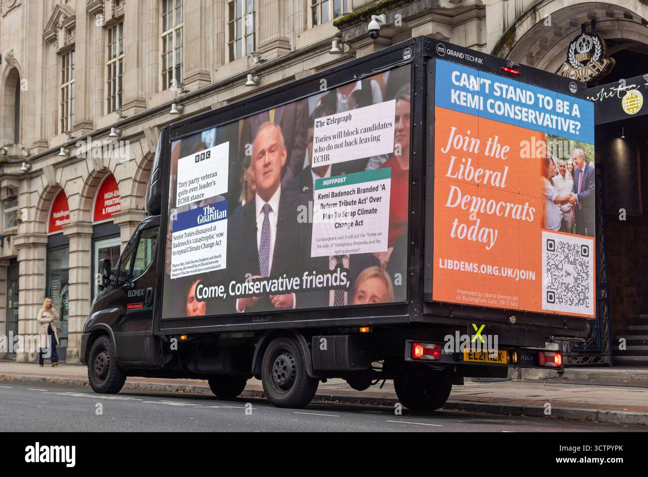 Manchester , UK. 08 OCT, 2025. Lib Dem Ad van drives around, appealing ...