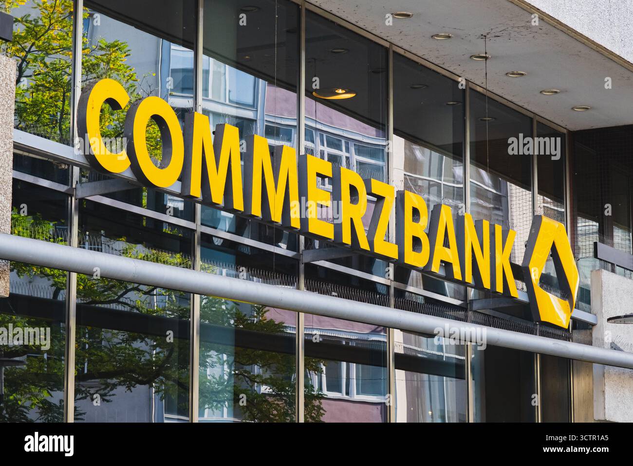 Commerzbank logo at the exterior of a Wuppertal branch building in the ...