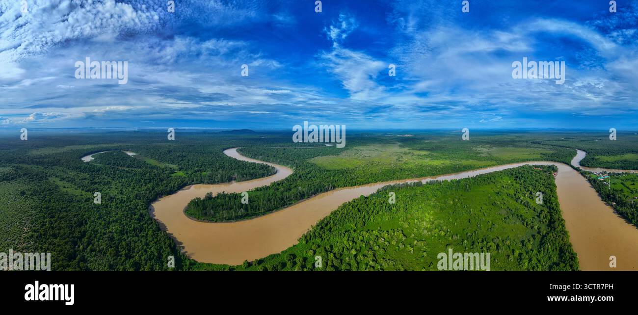 A very wide panoramic drone/aerial photo of the Kinabatangan River ...