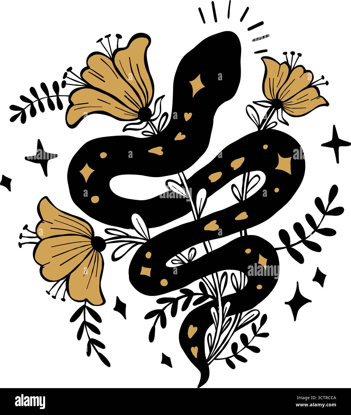 Mystical Snake with Flowers Plants. Textured Hand Drawing Doodle ...