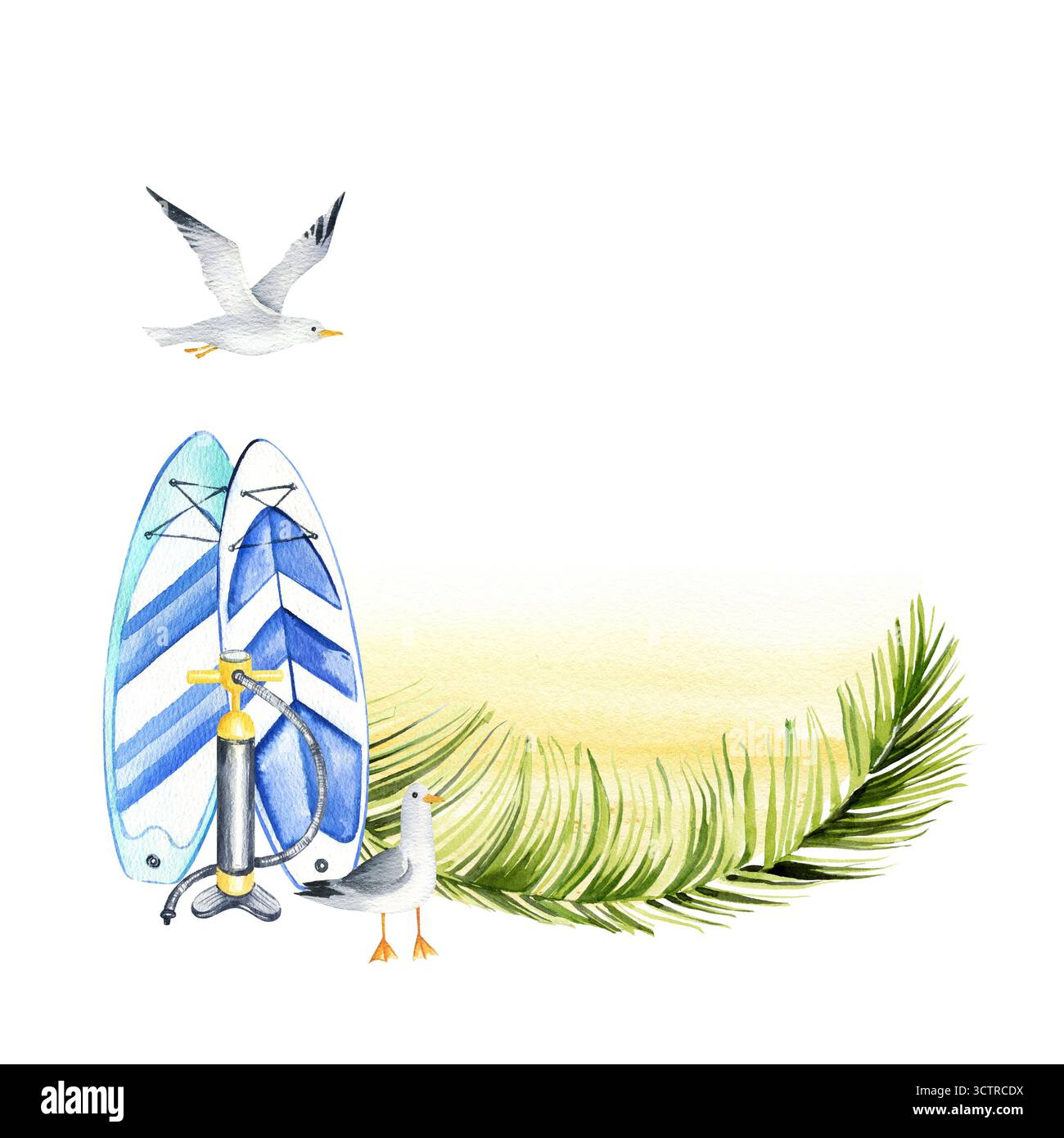 watercolor circle frame with inflatable paddleboards, pump, seabirds ...