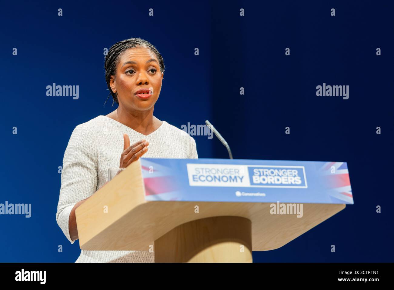 Manchester , UK. 08 OCT, 2025. Party leader Kemi Badenoch delivers her ...
