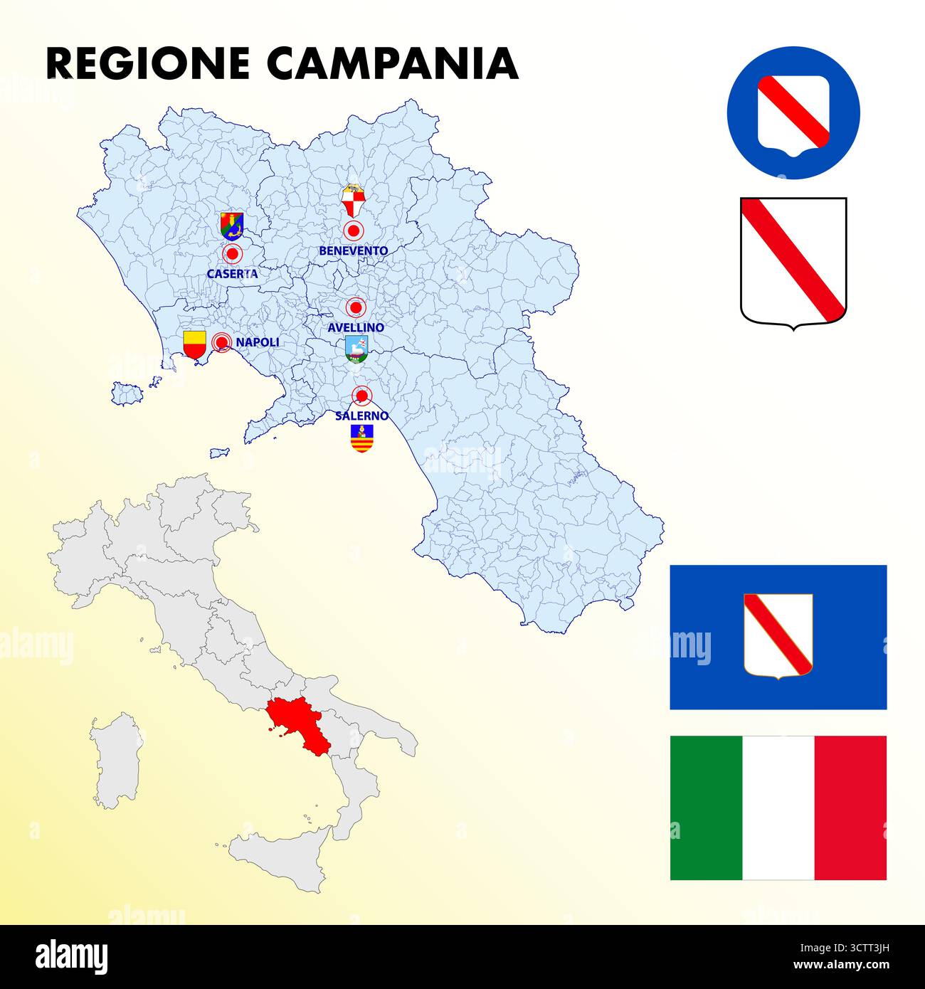 Campania, Italy, regional map and symbols of the region and cities ...