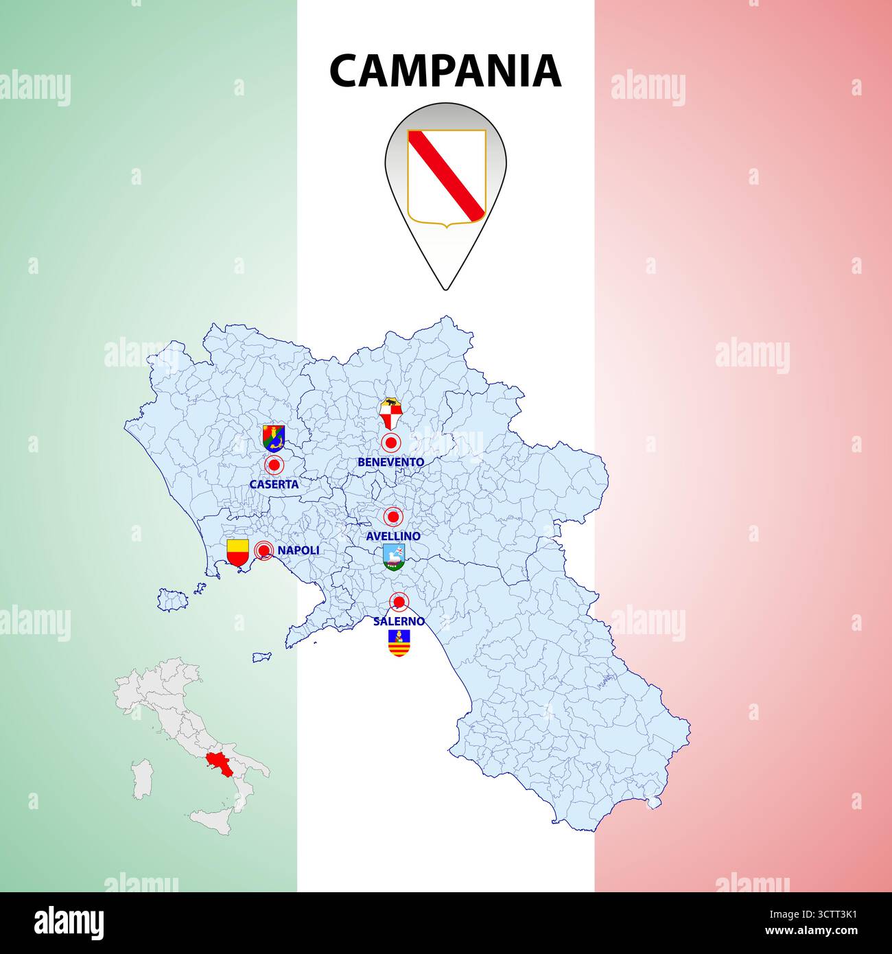 Campania, Italy, regional map and symbols of the region and cities ...