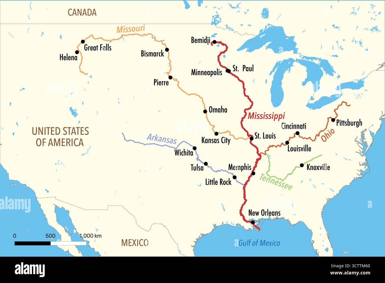 Vector Map of the Mississippi River and Major Tributaries in the United ...