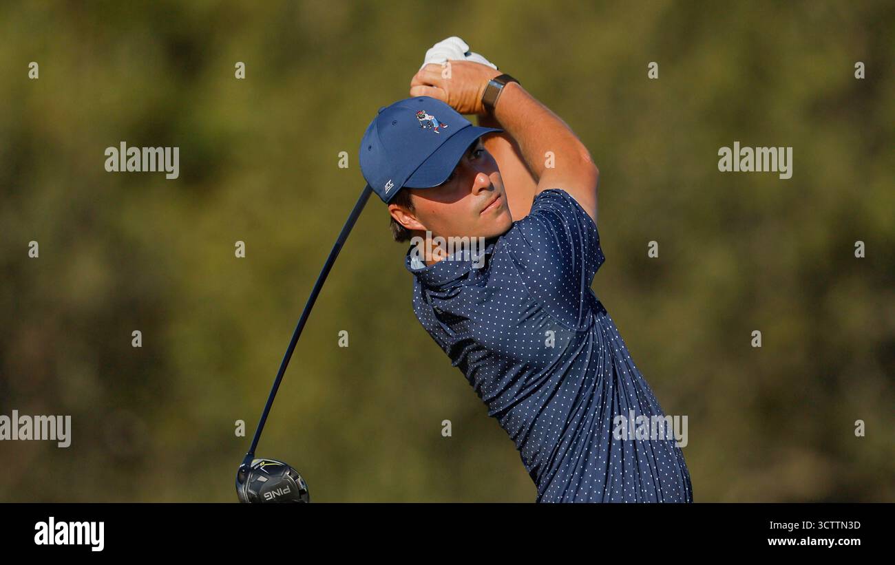 SMU golfer Christian Clark tees off during the Trinity Forest ...