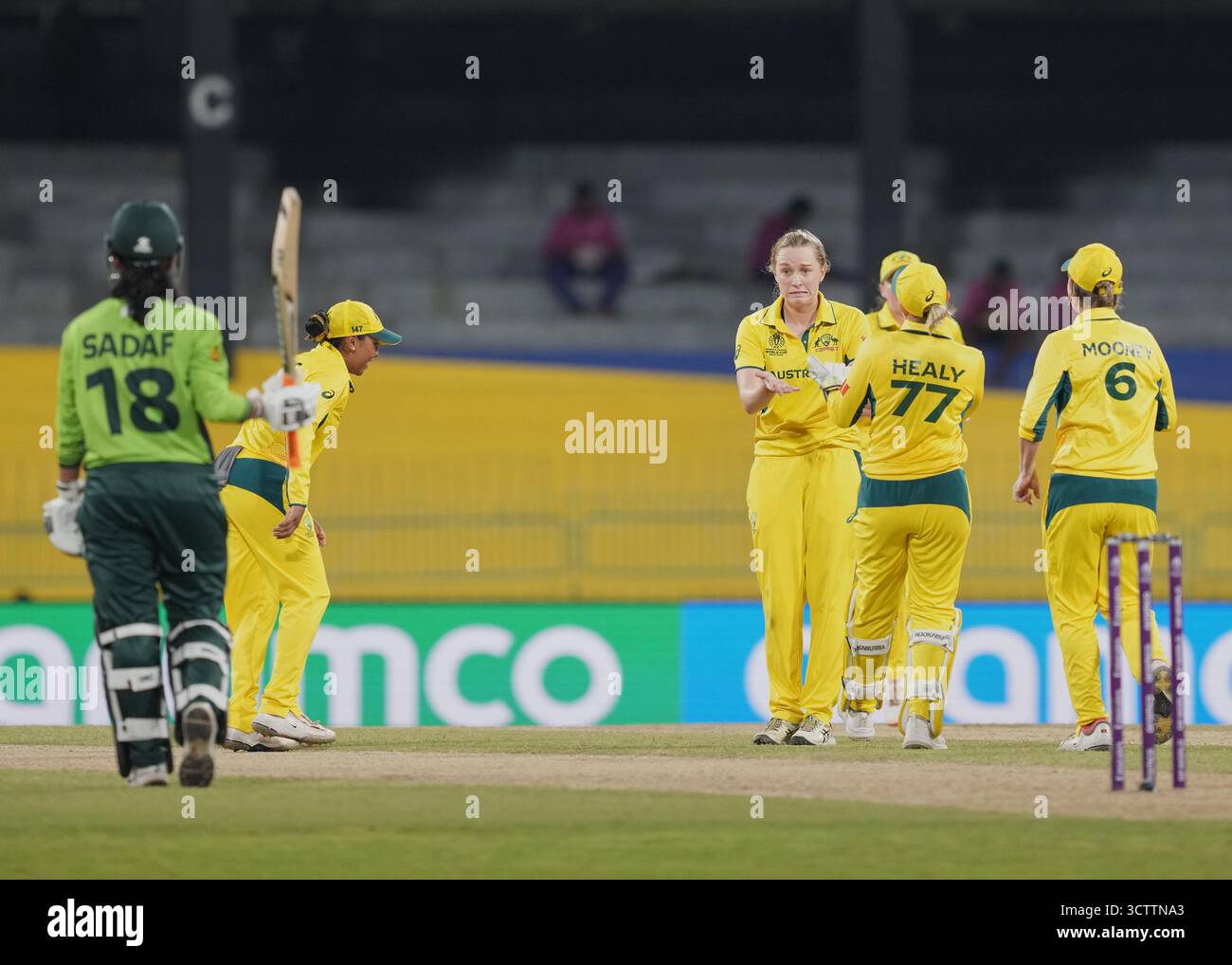 Australia's Kim Garth celebrates the wicket of Pakistan's Sadaf Shamas ...