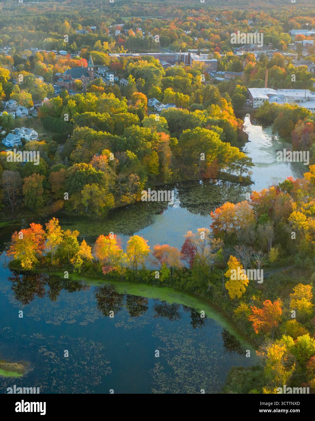 Aerial view of the vibrant foliage reflecting in the still waters of ...