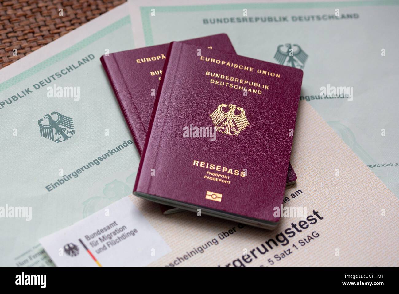 Berlin, Germany. 08th Oct, 2025. Two German passports are on ...