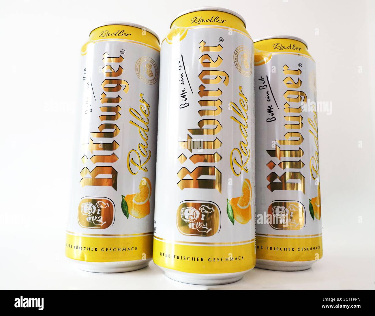 Vilshofen, Germany. 08th Oct, 2025. Bitburger Radler cans, a refreshing ...