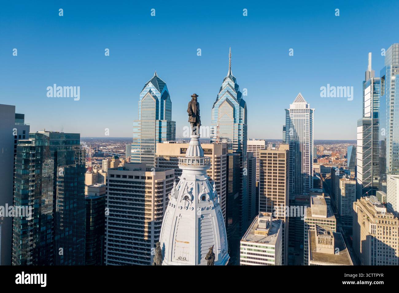 Aerial view of the iconic statue of William Penn atop Philadelphia City ...